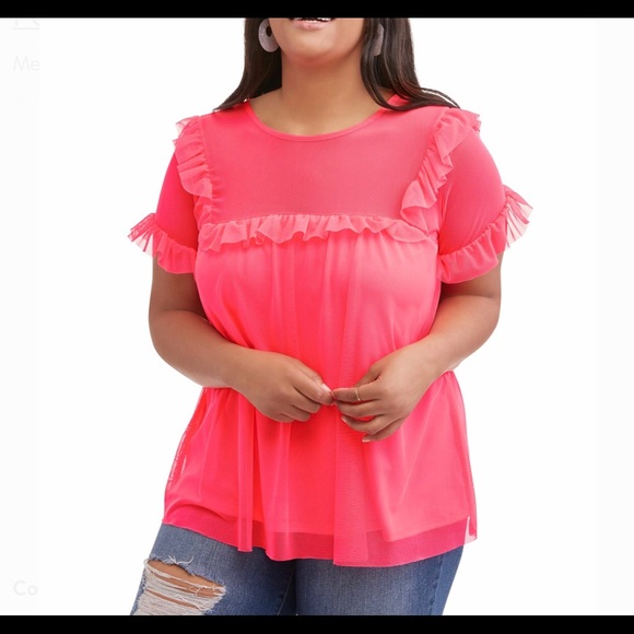 Tops | Sale Plus Size Neon Pink Ruffle Mesh Blouse | Poshmark
